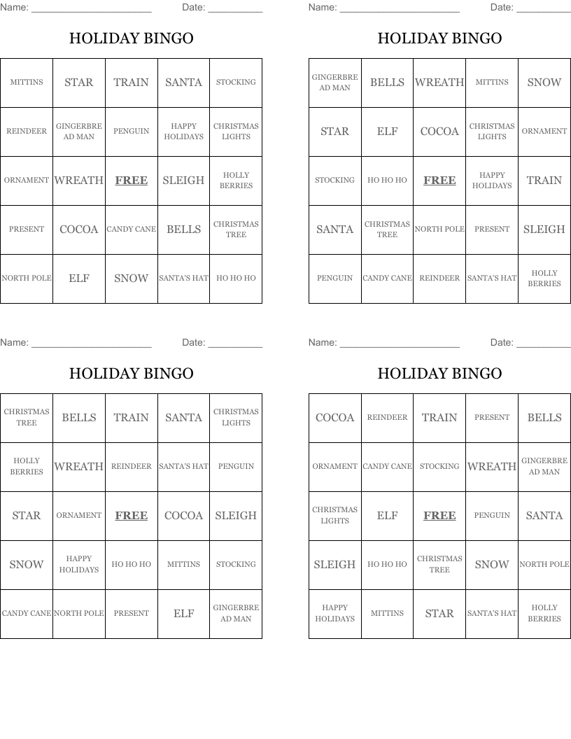 HOLIDAY BINGO WordMint