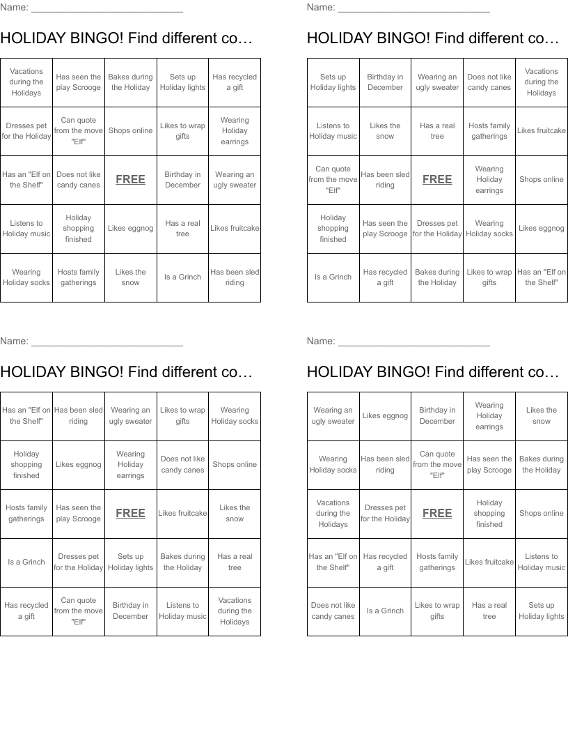 HOLIDAY BINGO! Find different coworkers who fit the descriptions and ...