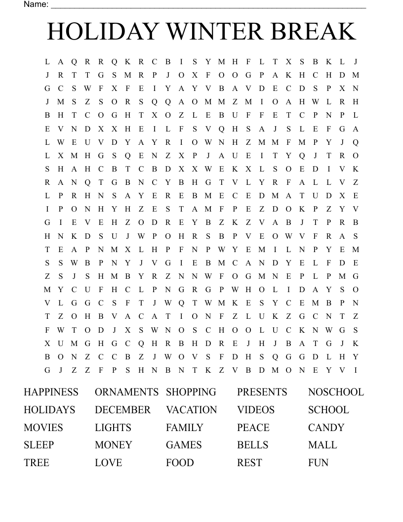 HOLIDAY WINTER BREAK Word Search WordMint