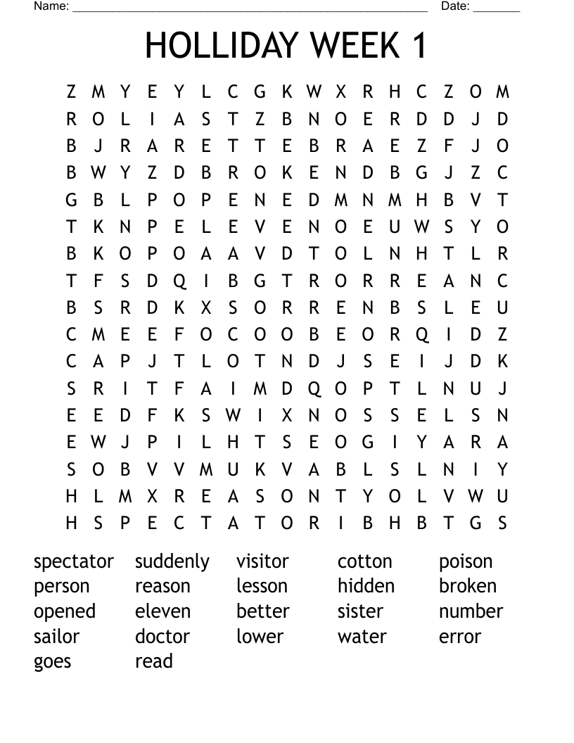 HOLLIDAY WEEK 1 Word Search - WordMint