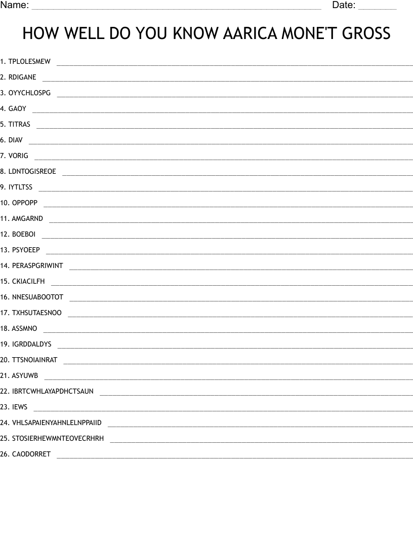 HOW WELL DO YOU KNOW AARICA MONE'T GROSS Word Scramble - WordMint