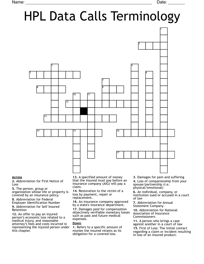 HPL Data Calls Terminology Crossword - WordMint