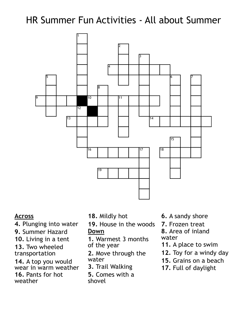 HR Summer Fun Activities - All about Summer Crossword - WordMint