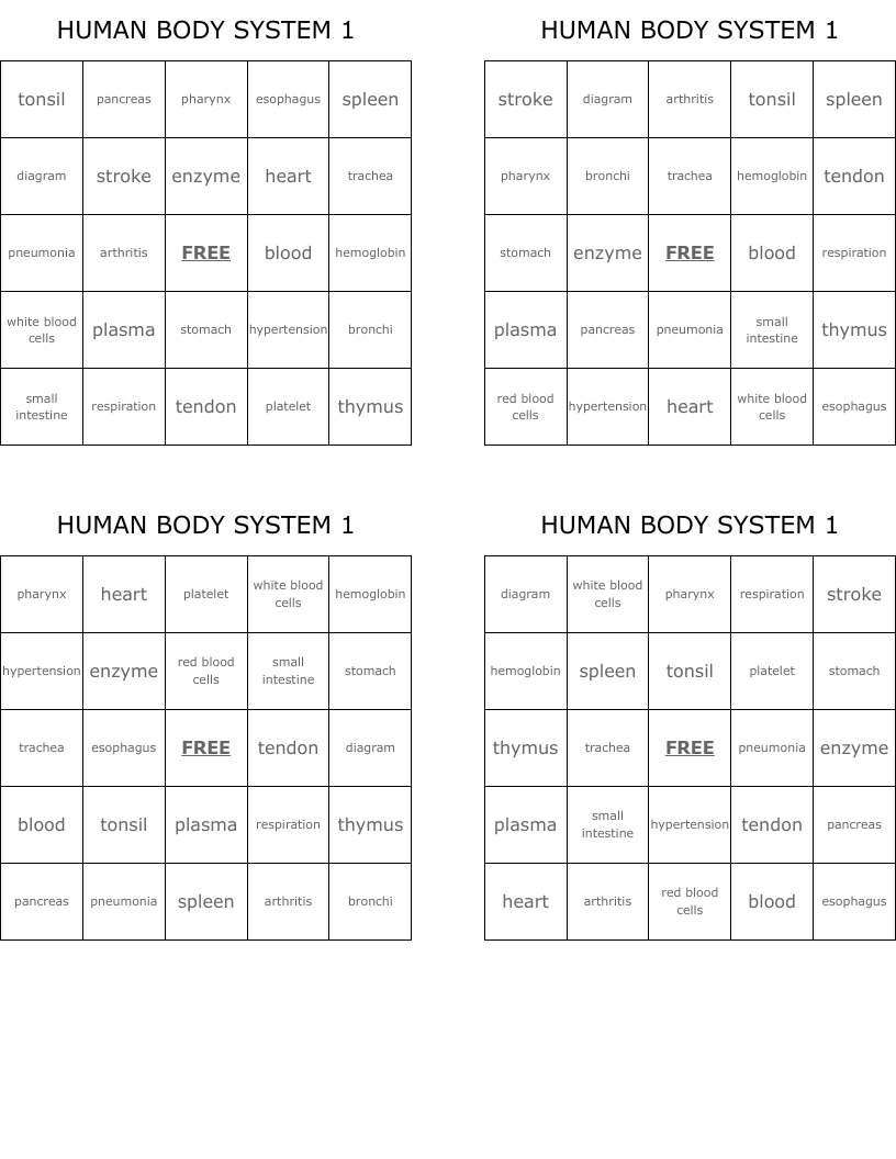 HUMAN BODY SYSTEM 1 Bingo Cards - WordMint