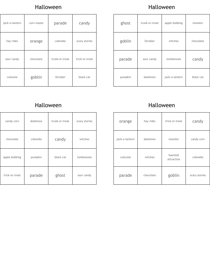 Halloween Bingo Cards - WordMint