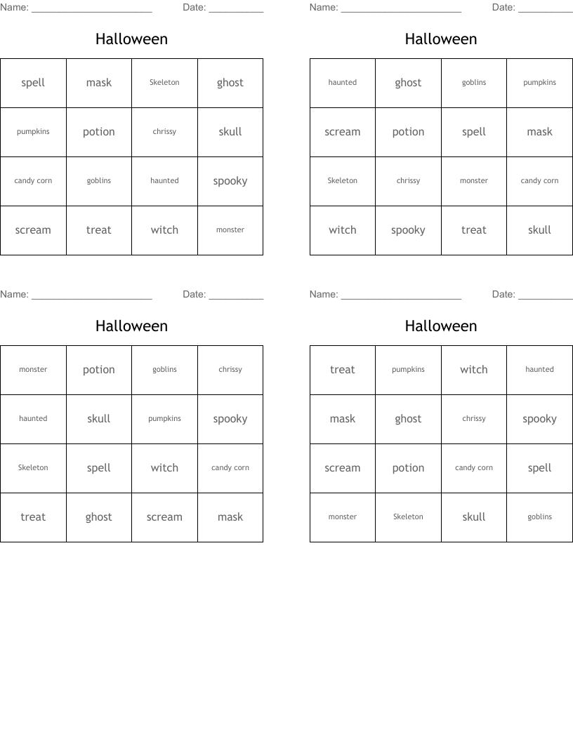 Halloween Bingo Cards - WordMint