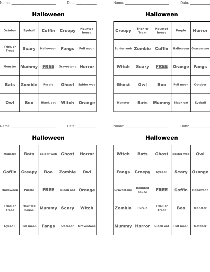 Halloween Bingo Cards - WordMint