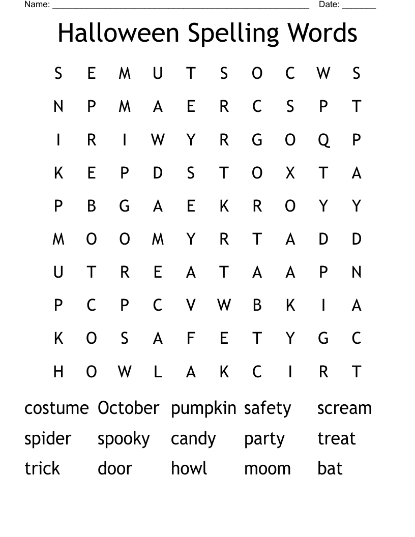 Halloween Spelling Words Word Search - WordMint