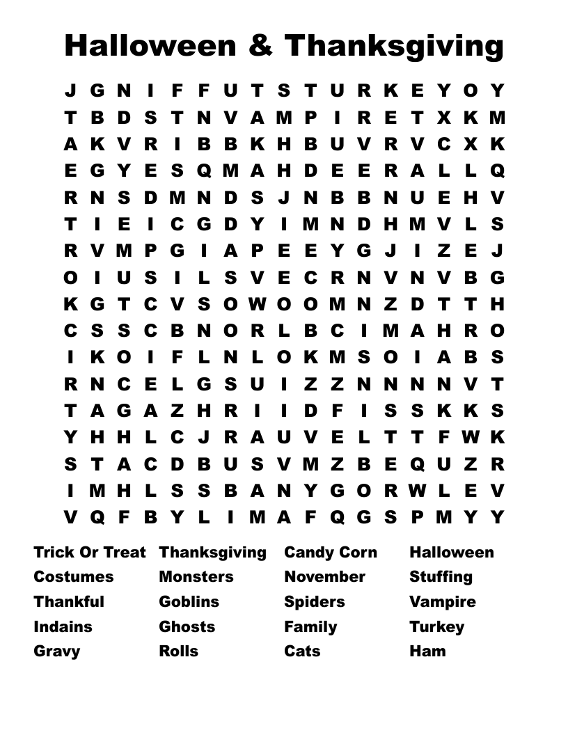 Halloween & Thanksgiving Word Search - WordMint