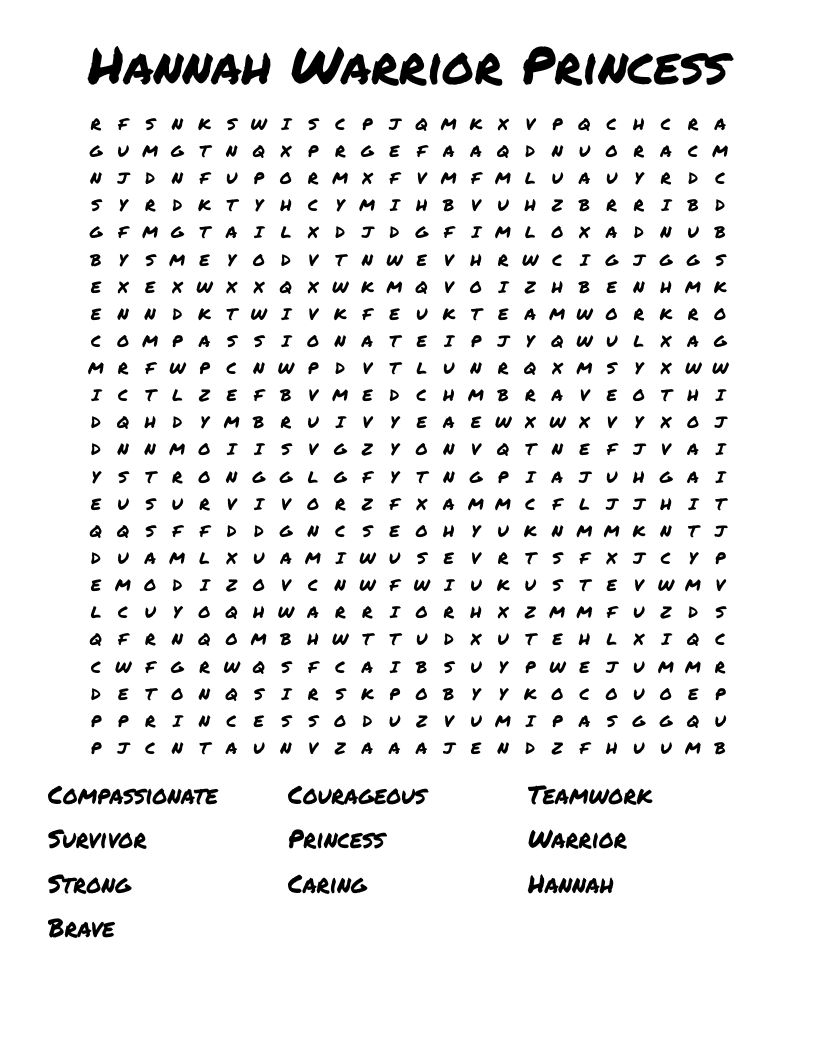 Hannah Warrior Princess Word Search - WordMint