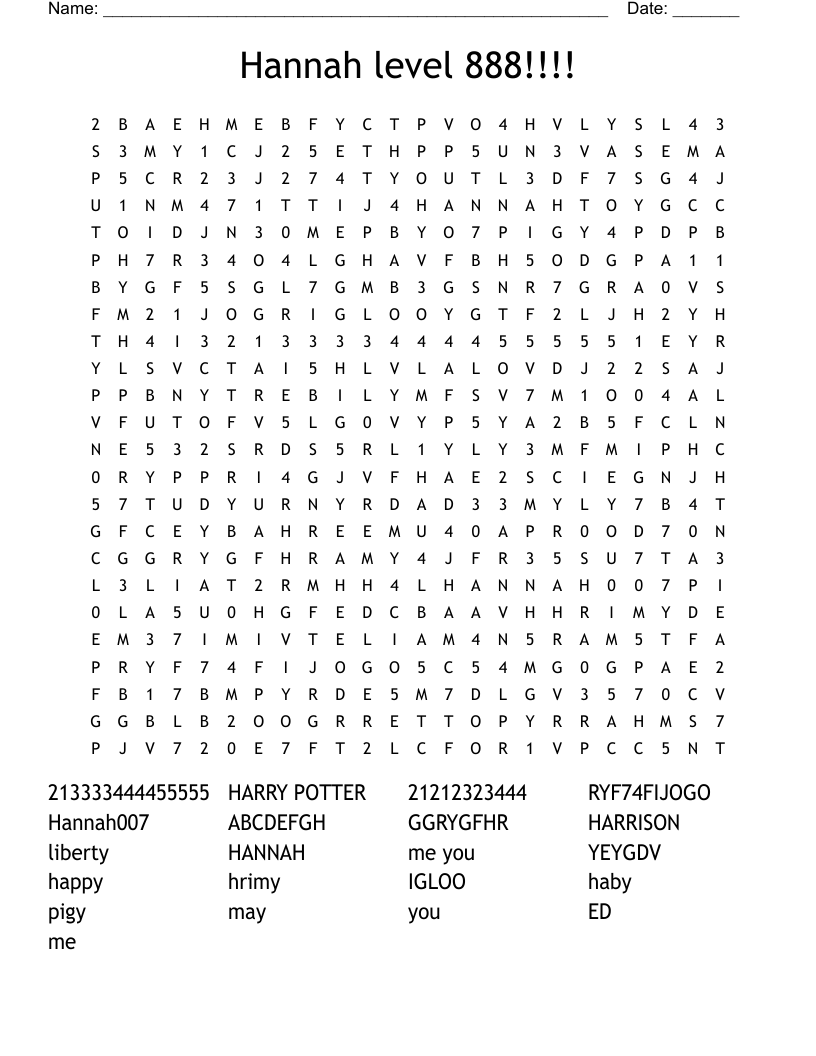 Hannah level 888!!!! Word Search - WordMint