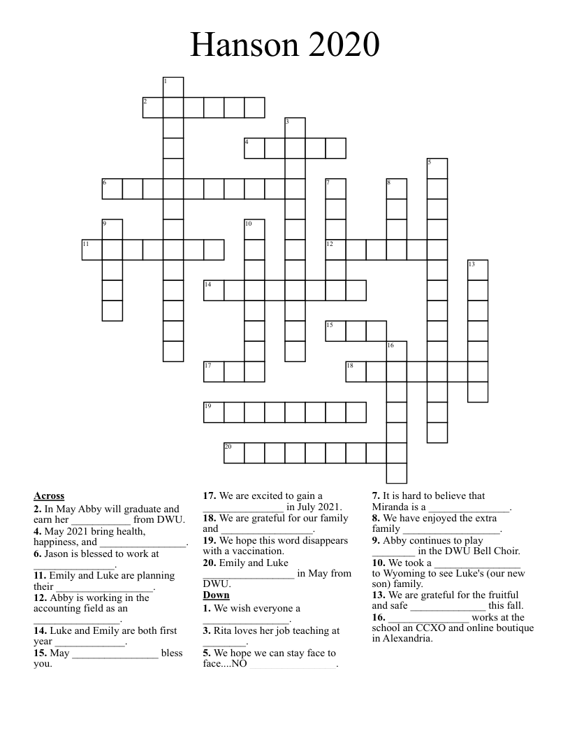 Hanson 2020 Crossword - WordMint