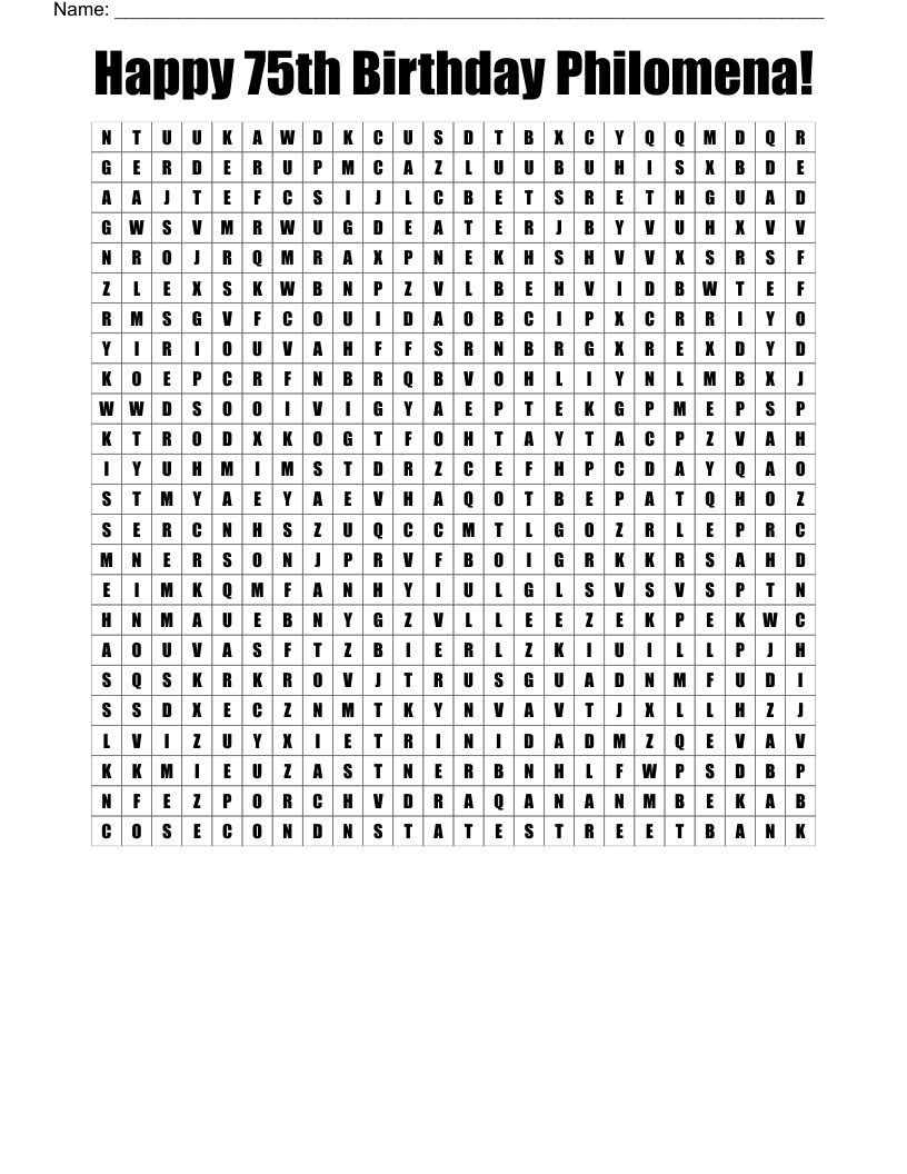 Happy 75th Birthday Philomena! Word Search - WordMint