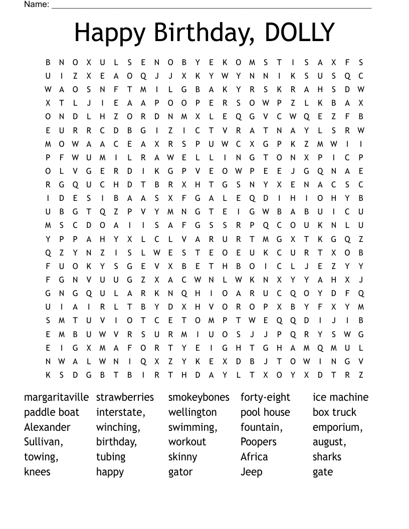 Happy Birthday, DOLLY Word Search - WordMint
