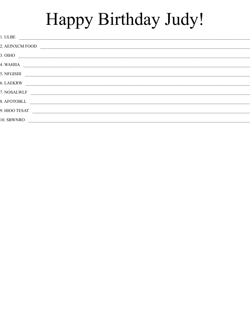 Happy Birthday Judy! Word Scramble - WordMint