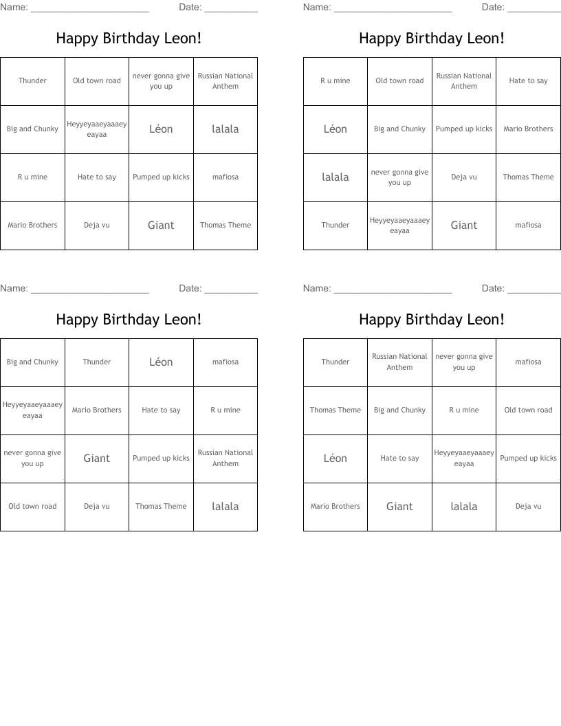 Happy Birthday Leon! Bingo Cards - WordMint
