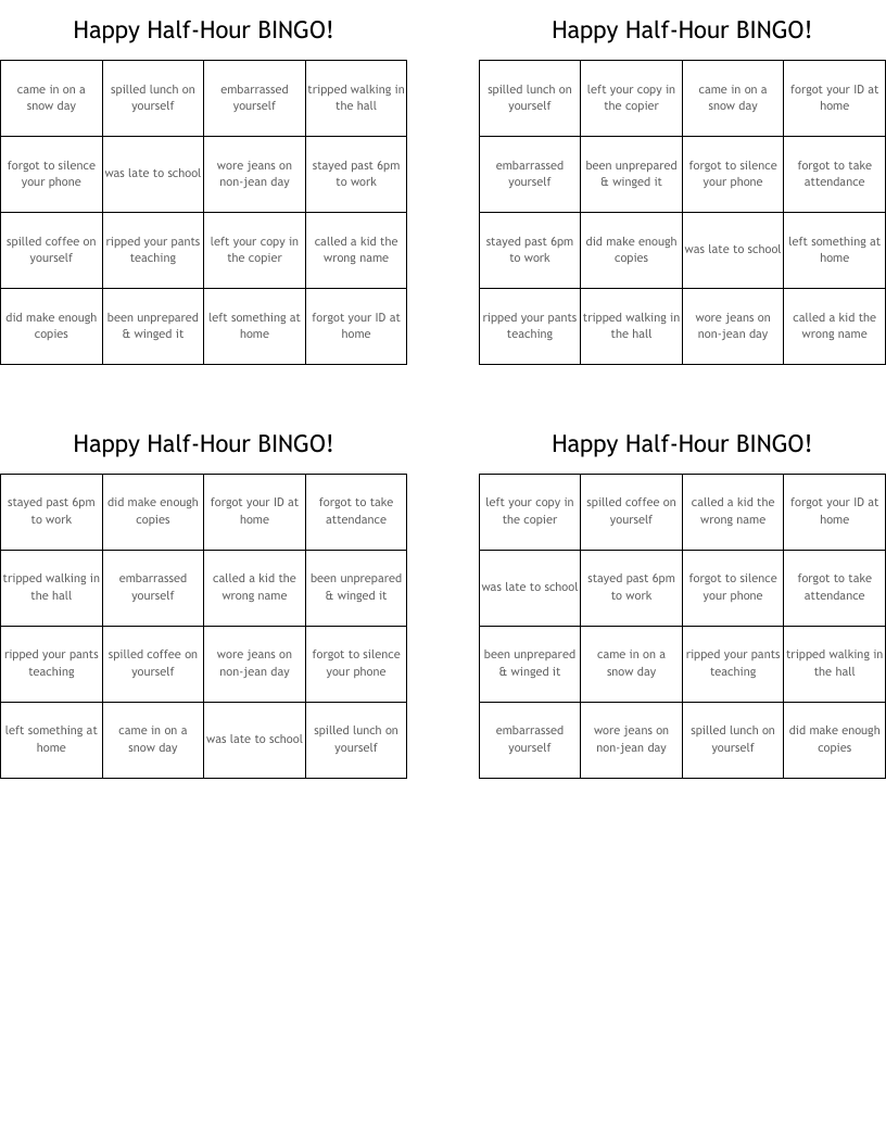 Happy Half-Hour BINGO! - WordMint