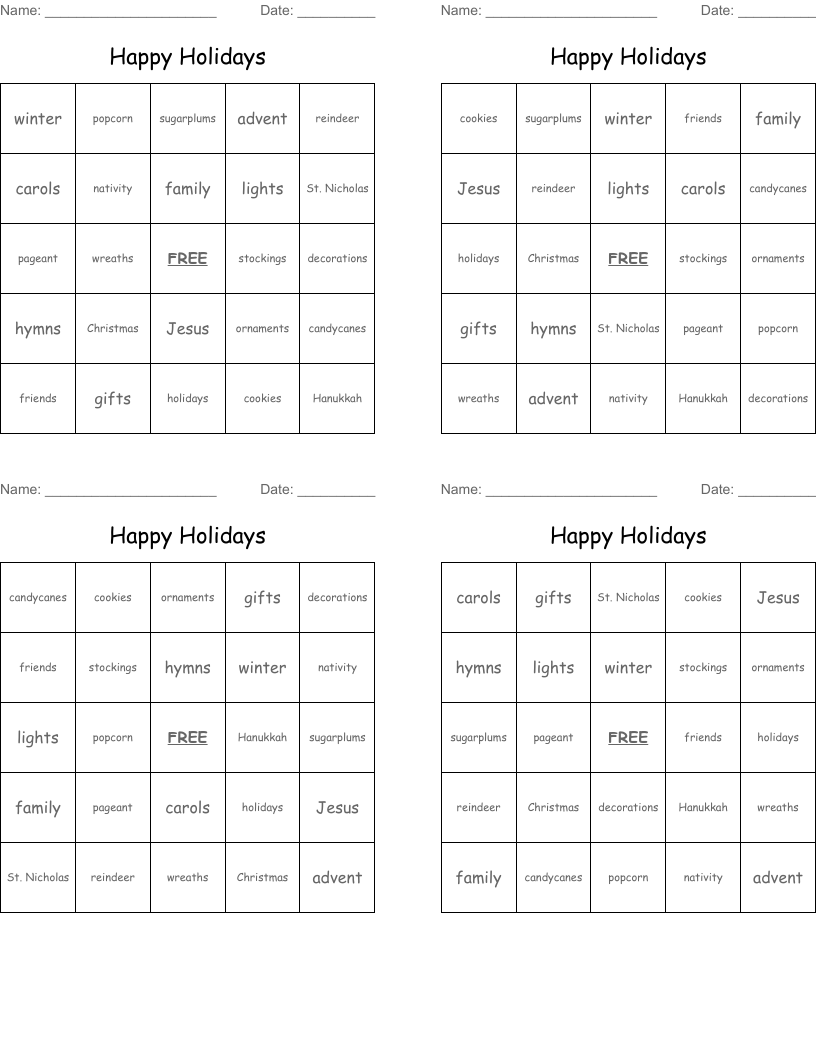 Happy Holidays Bingo Cards - WordMint