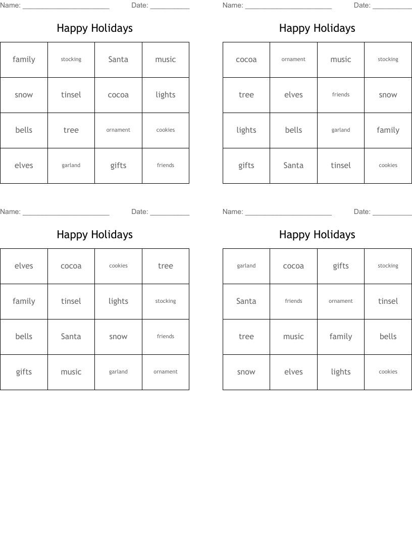 Happy Holidays Bingo Cards - WordMint
