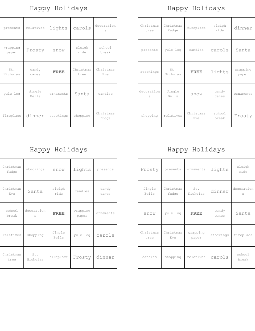 Happy Holidays Bingo Cards - WordMint