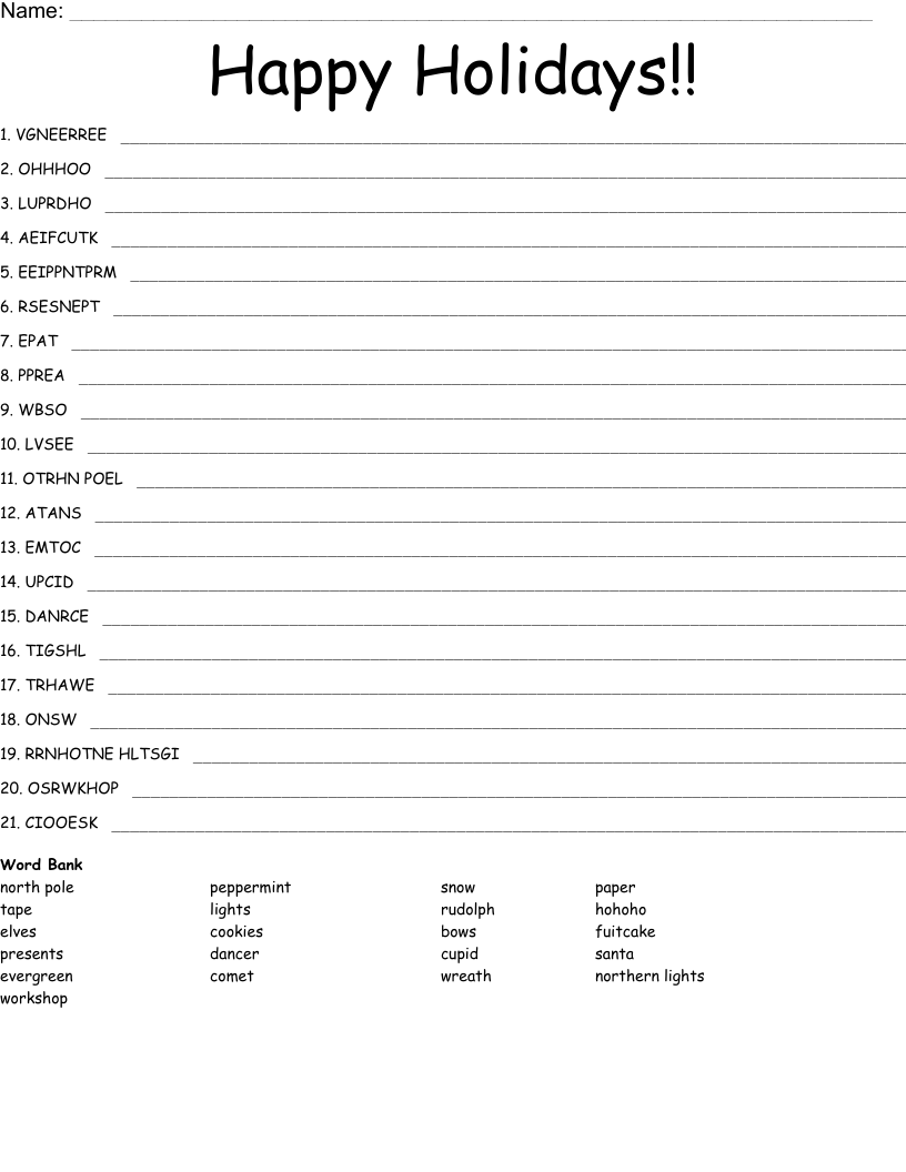 Happy Holidays!! Word Scramble - WordMint