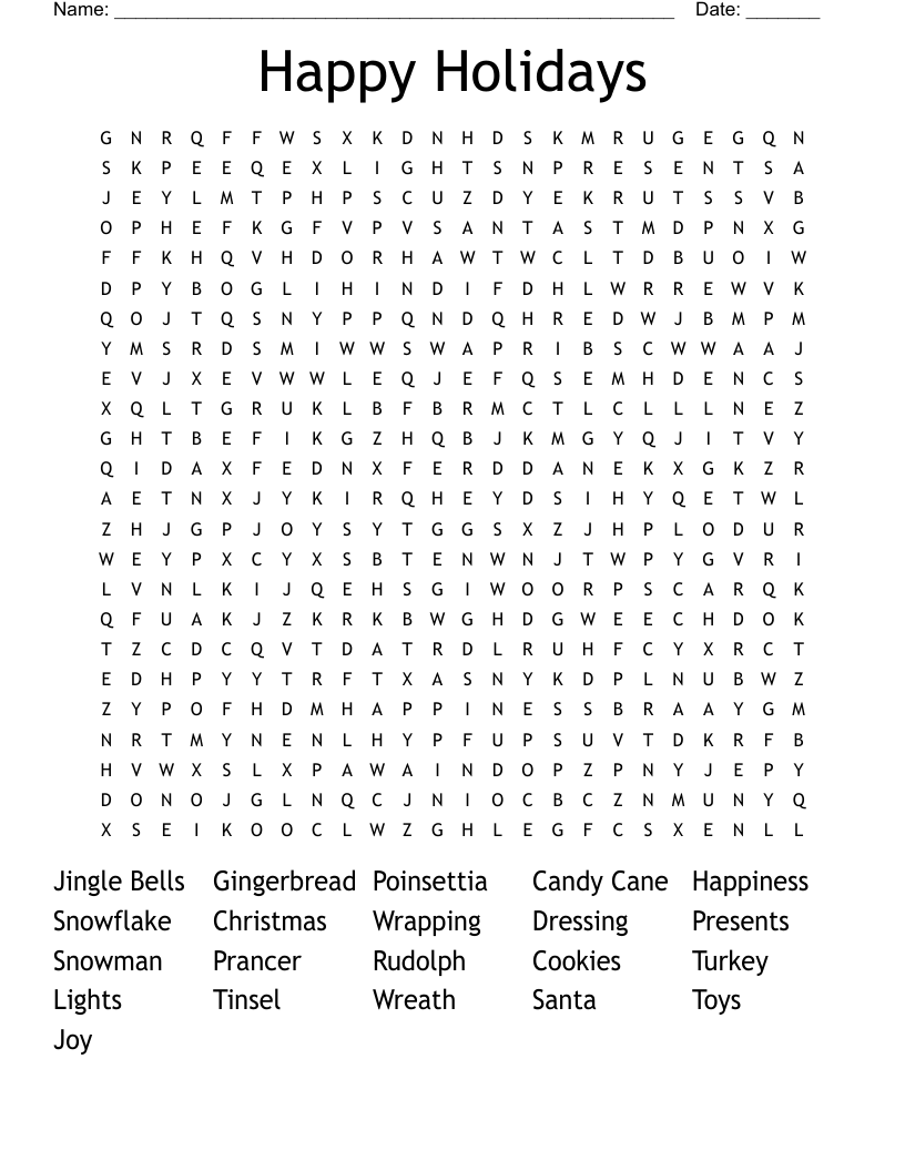 Happy Holidays Word Search - WordMint