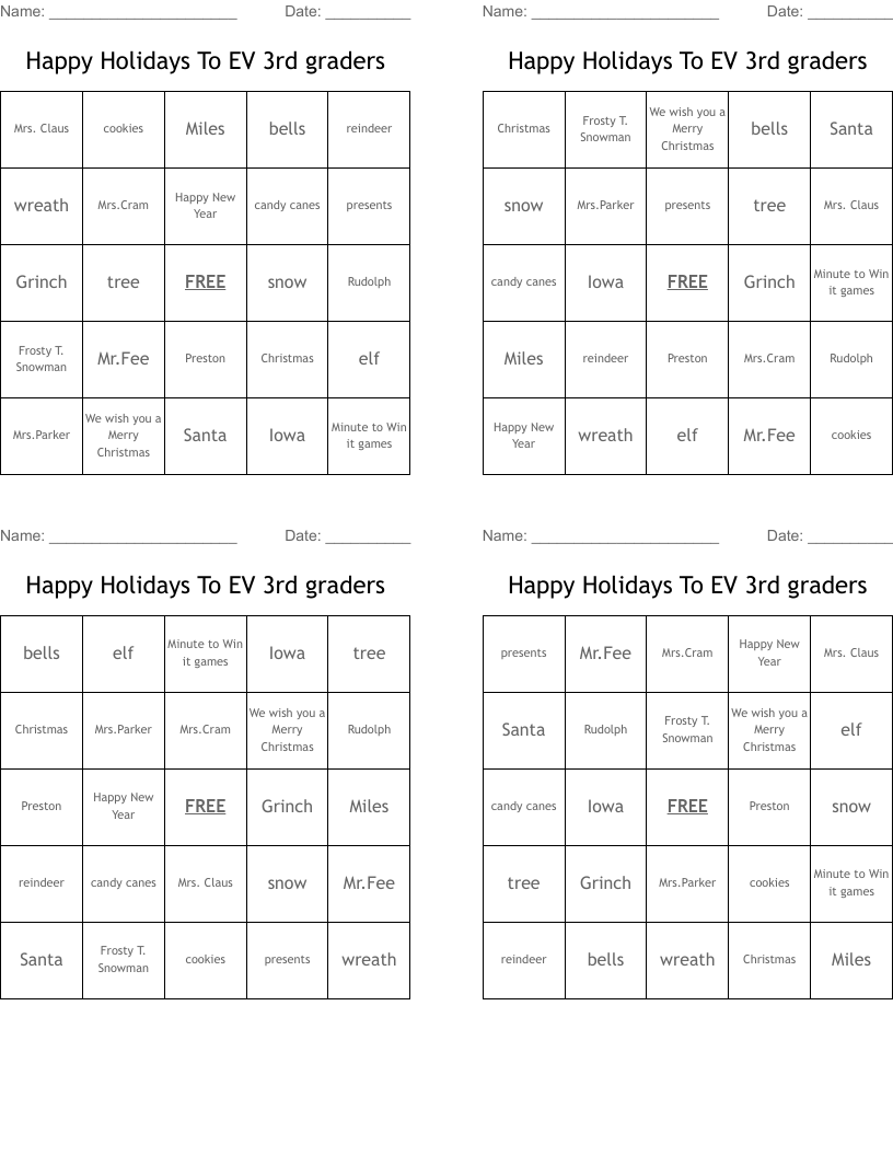 Happy Holidays To EV 3rd graders Bingo Cards - WordMint