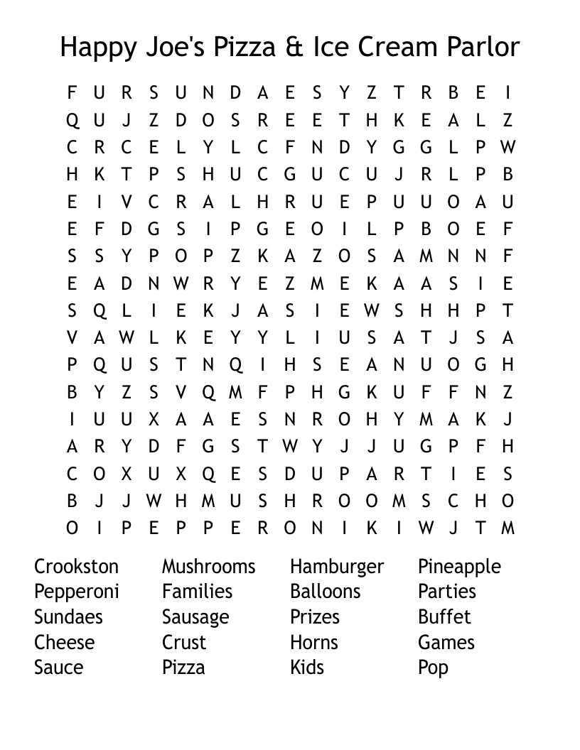 Happy Joe's Pizza & Ice Cream Parlor Word Search - WordMint