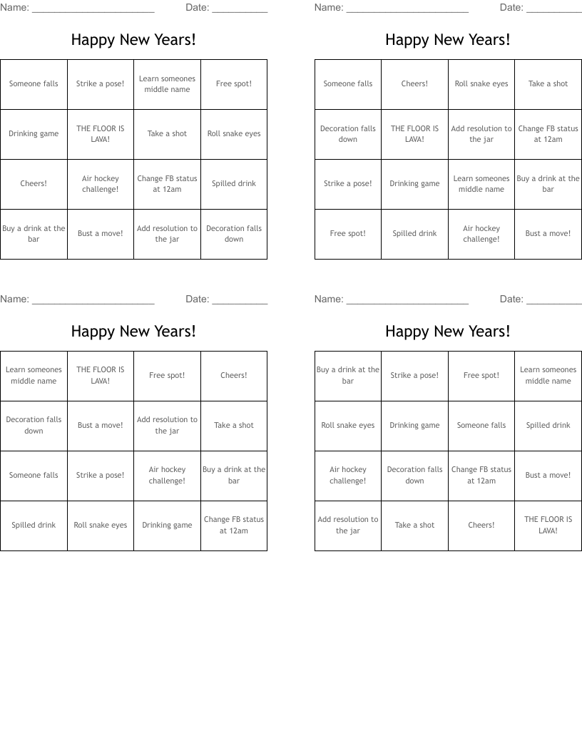 Happy New Years Bingo Cards WordMint