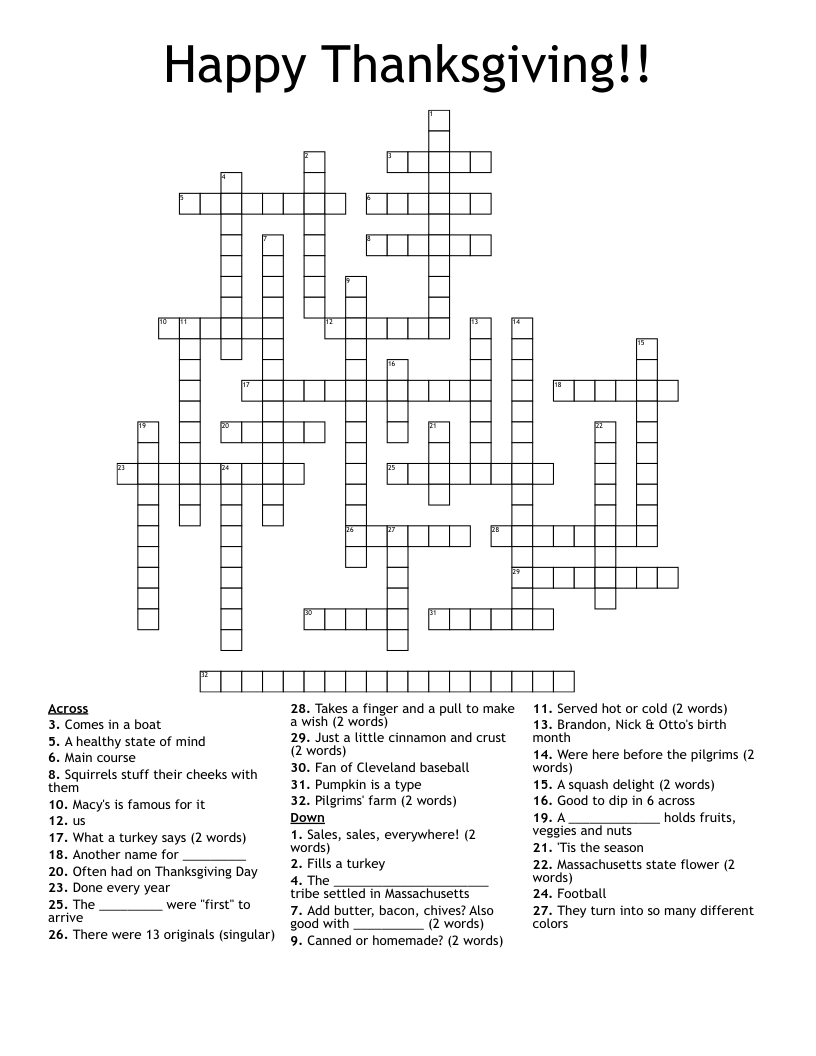 Happy Thanksgiving!! Crossword - WordMint