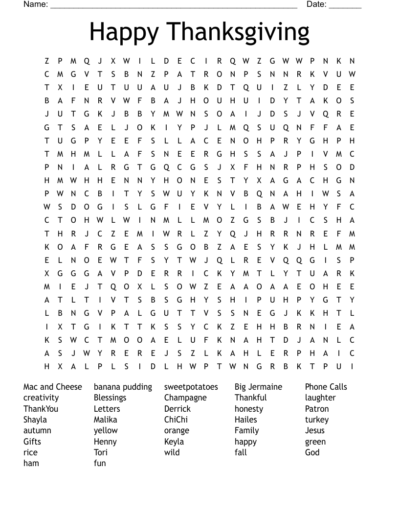 Happy Thanksgiving Word Search - WordMint