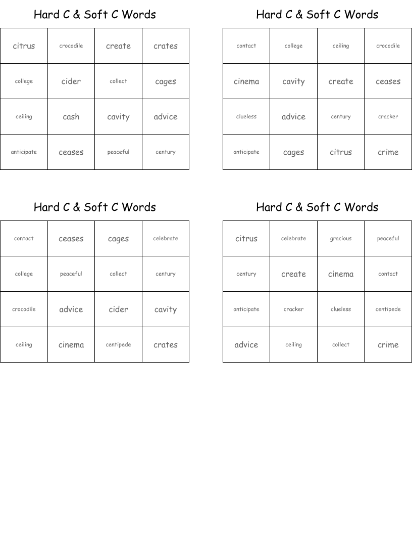 Hard C Soft C Words Bingo Cards WordMint