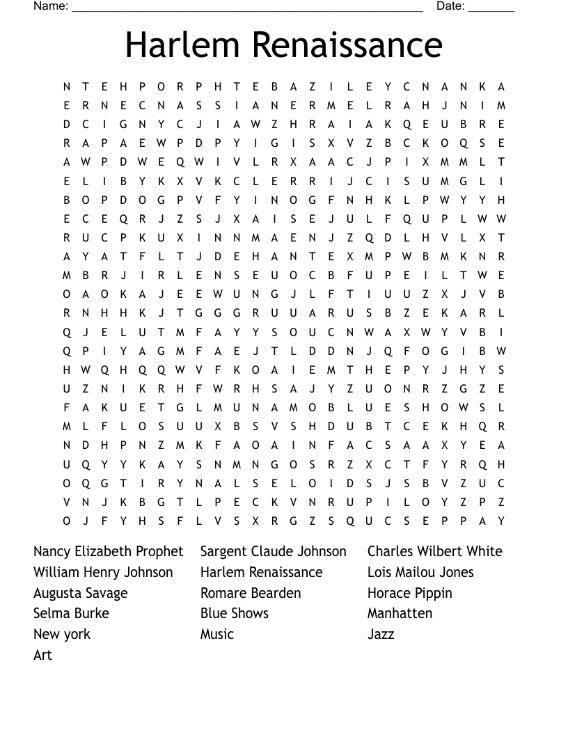 Harlem Renaissance Word Search WordMint