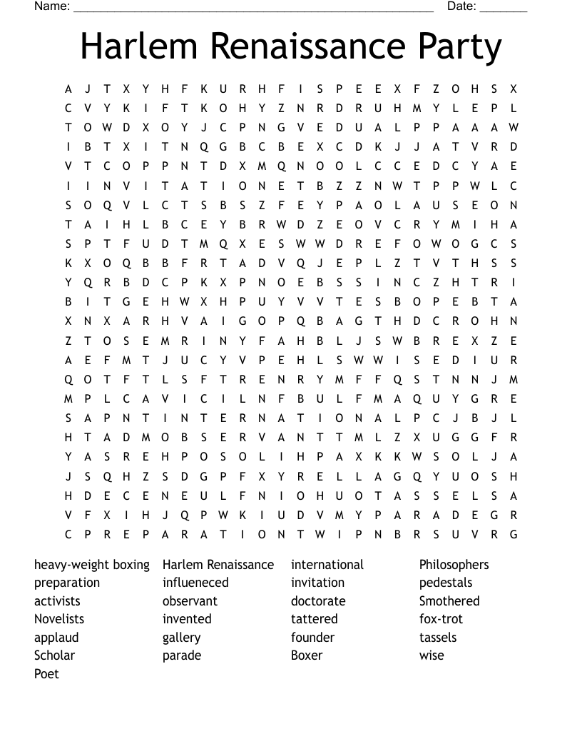 Harlem Renaissance Party Word Search - WordMint