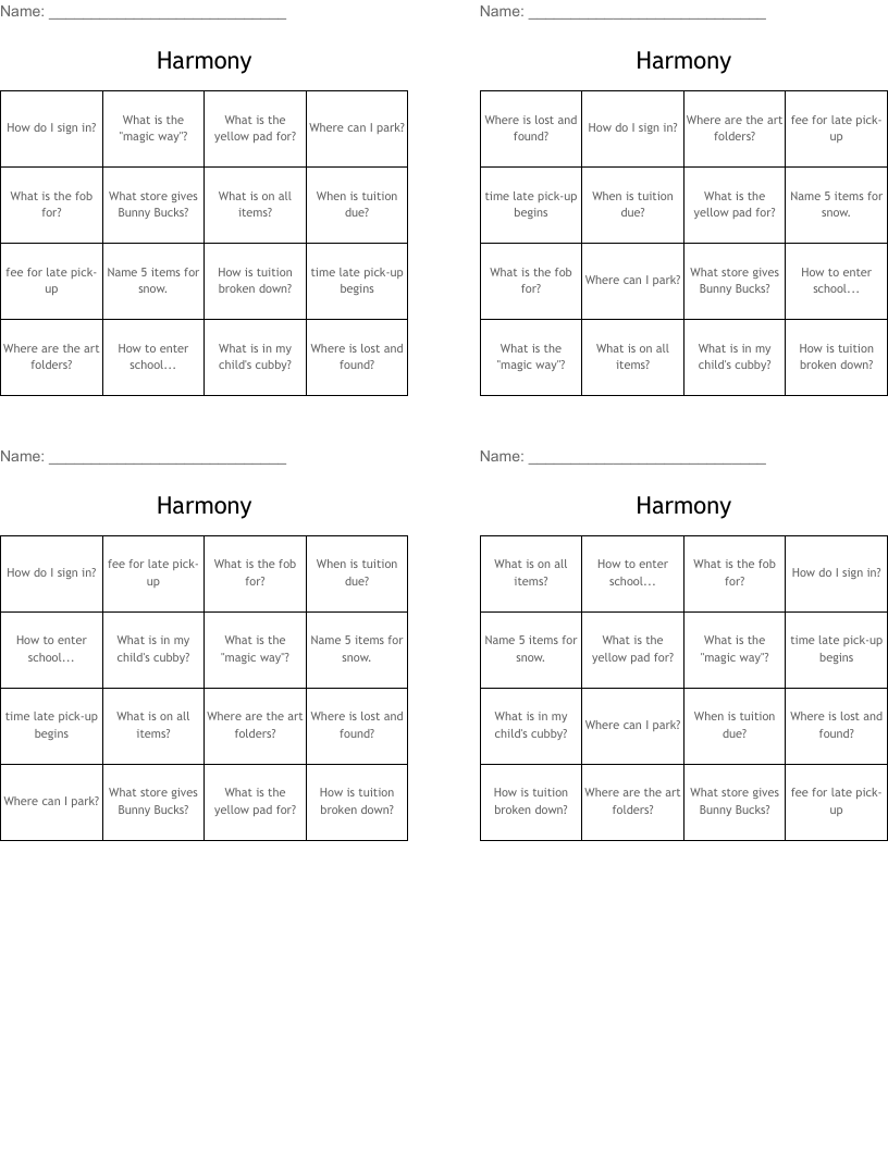 Harmony Bingo Cards - WordMint