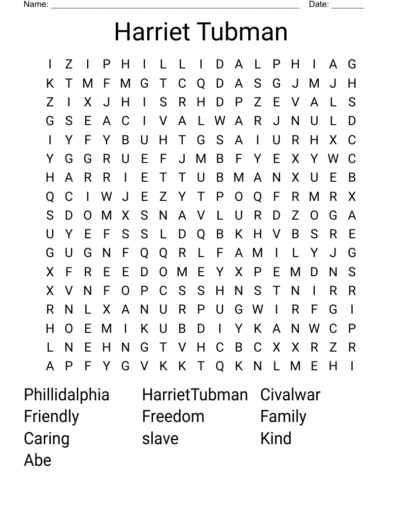 Harriet Tubman Word Search - WordMint