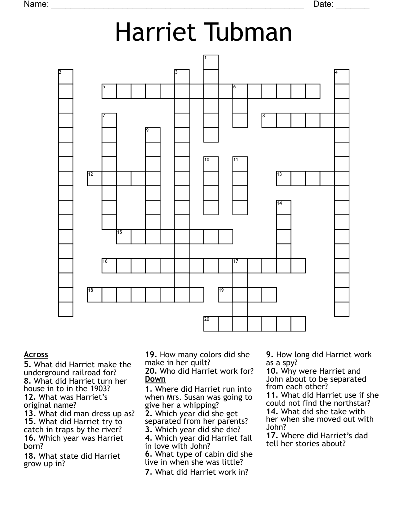 Harriet Tubman Crossword - WordMint
