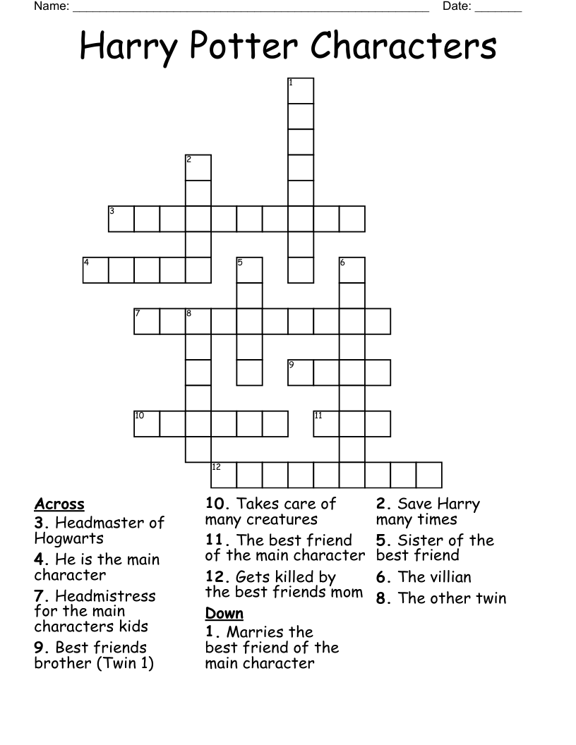 Harry Potter Characters Crossword - WordMint