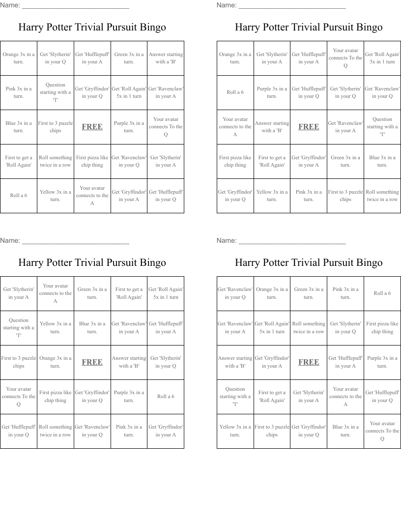 Harry Potter Trivial Pursuit Bingo - WordMint