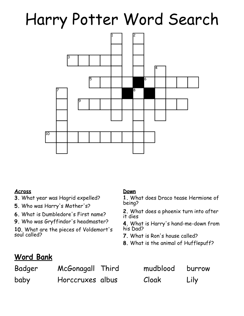 Harry Potter Word Search Crossword - WordMint
