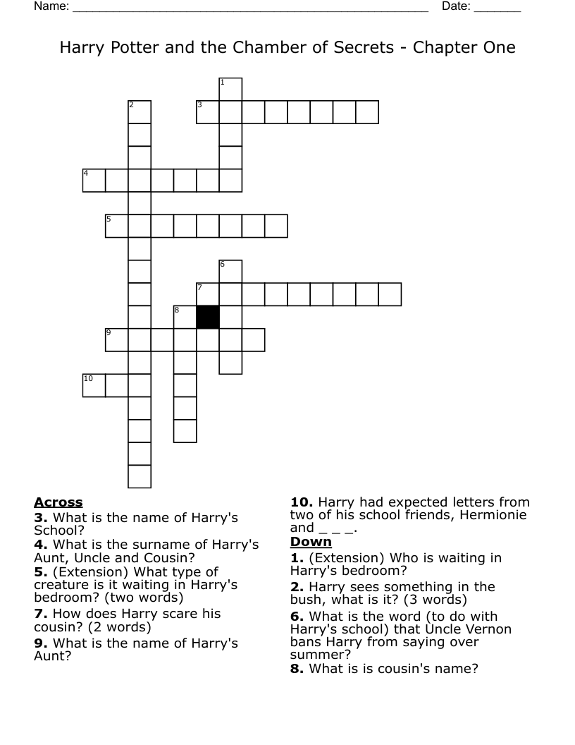 Harry Potter and the Chamber of Secrets - Chapter One Crossword - WordMint