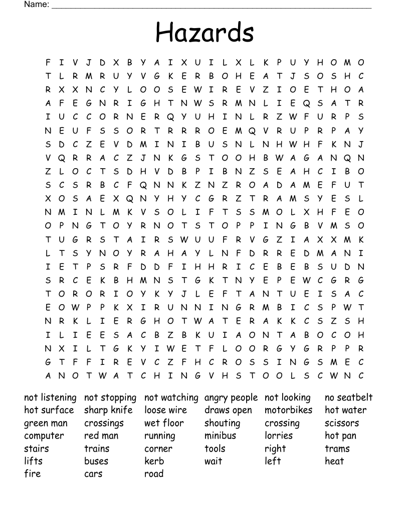 Hazards Word Search - WordMint