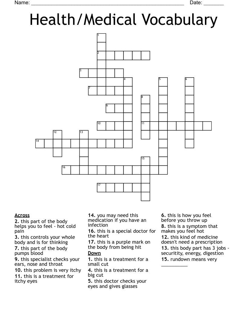 Health/Medical Vocabulary Crossword - WordMint