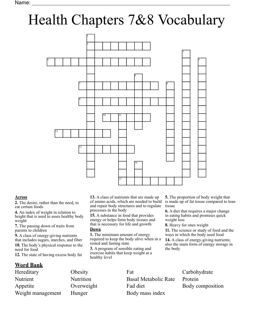 Health Chapters 7&8 Vocabulary Crossword - WordMint