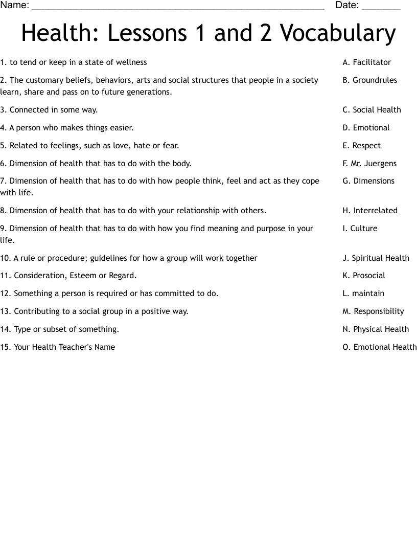 Health: Lessons 1 and 2 Vocabulary Worksheet - WordMint