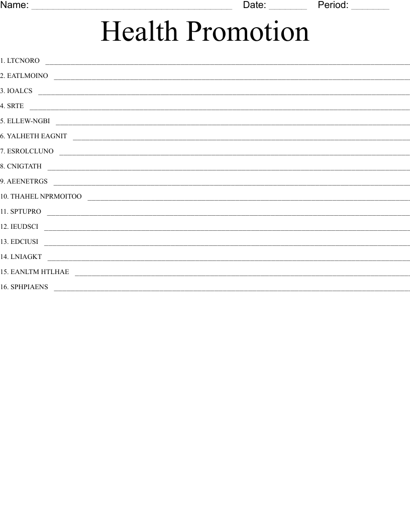 Health Promotion Word Scramble - WordMint