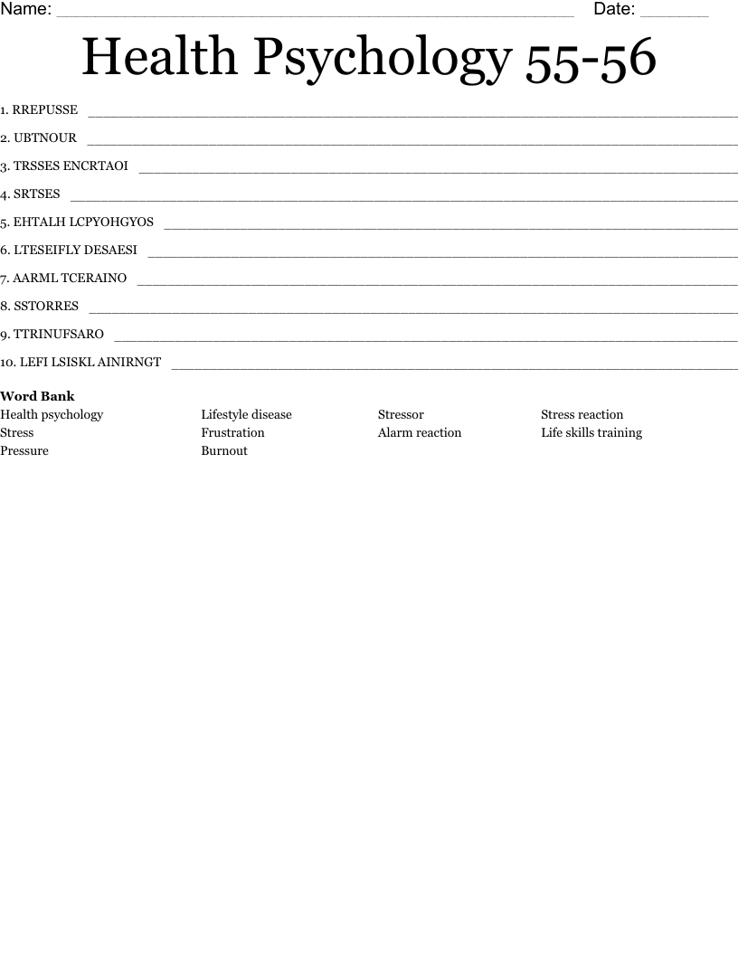 Health Psychology 55-56 Word Scramble - WordMint