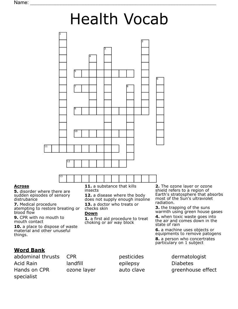 Health Vocab Crossword - WordMint