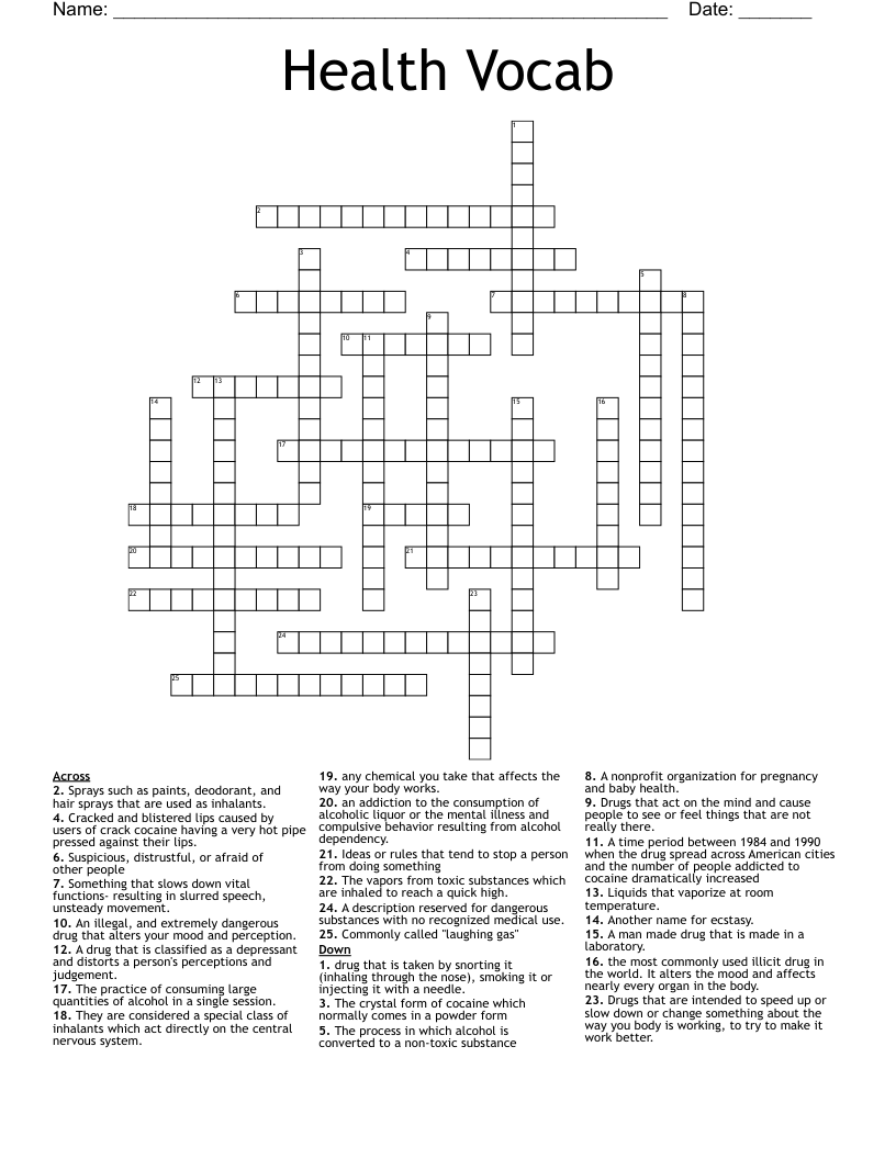 Health Vocab Crossword - WordMint