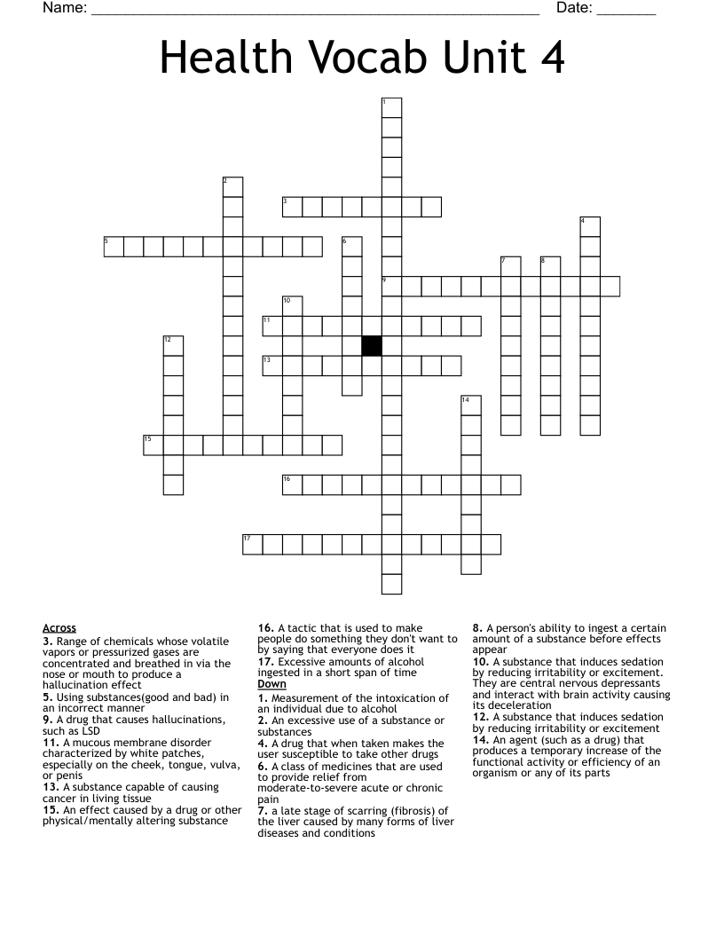 Health Vocab Unit 4 Crossword - WordMint
